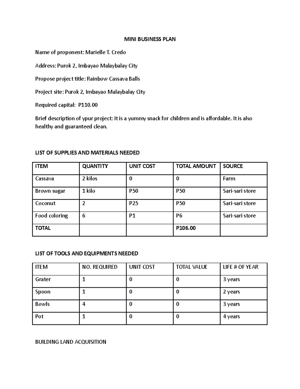 Bplan mini - Mini business plan - MINI BUSINESS PLAN Name of proponent ...