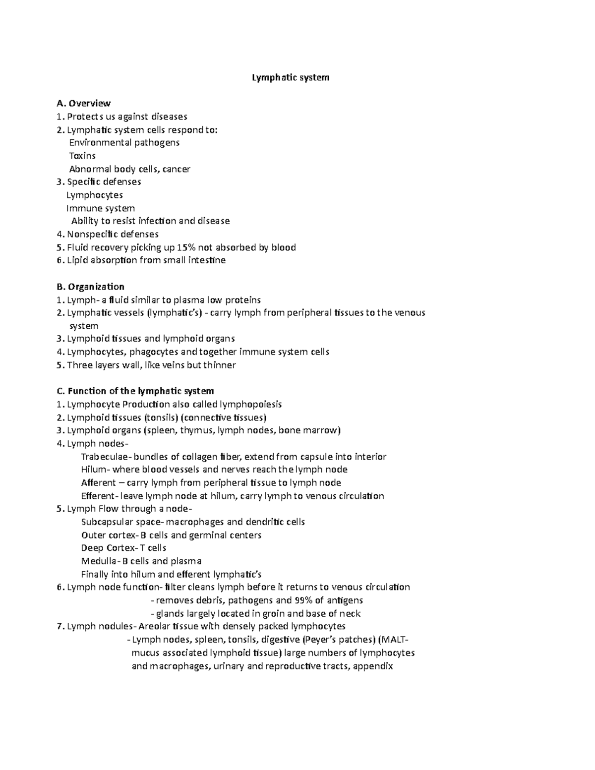Lymphatic system - Lecture notes 7 - Lymphatic system A. Overview ...