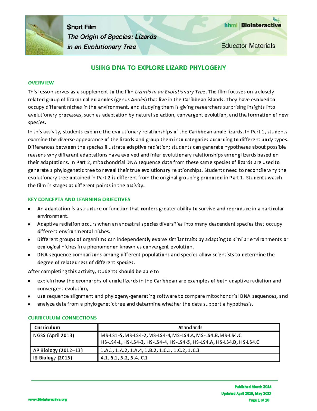 Lizard-Phylogeny-Teacher - BioInteractive The Origin of Species ...