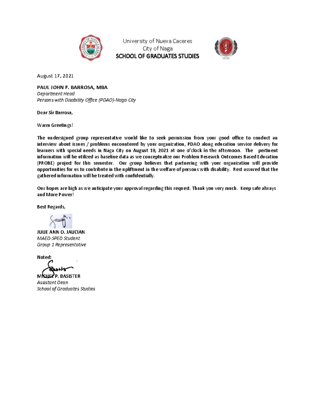 Letter of Request Probe 2021 1 - University of Nueva Caceres City of ...