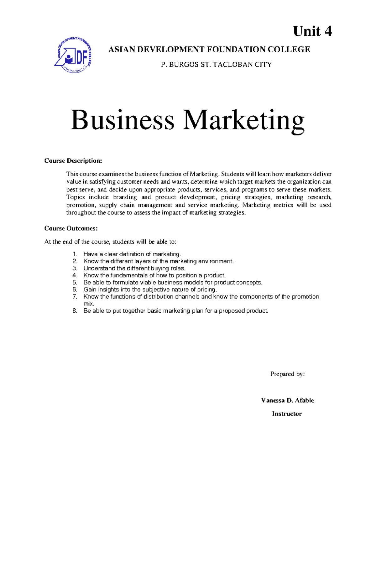 Module - Mktng 1 Final Module - ASIAN DEVELOPMENT FOUNDATION COLLEGE P ...