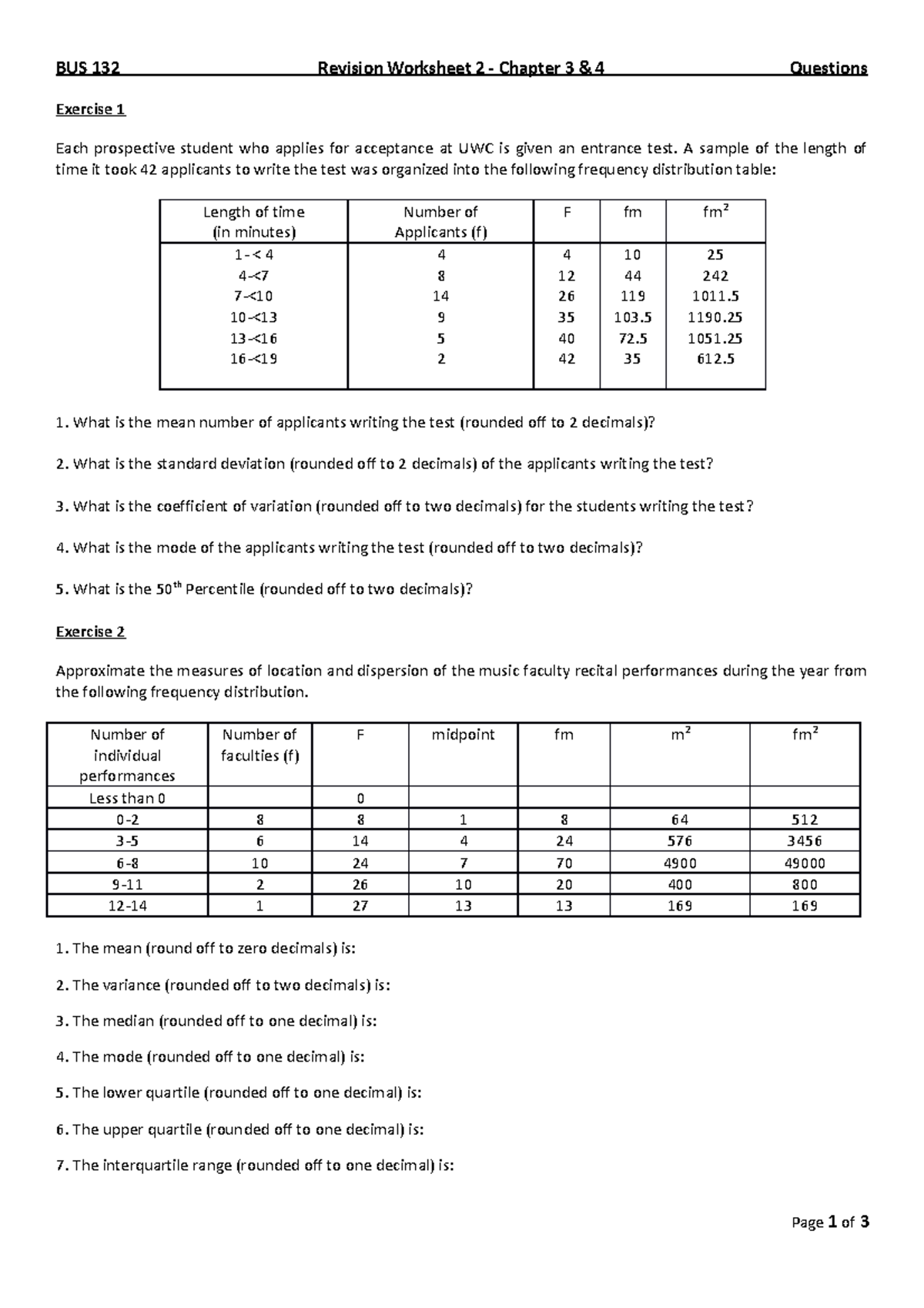 Revision Worksheet 2 Ch 3 4 Questions - BUS 132 Revision Worksheet 2 - Chapter 3 & 4 Questions ...