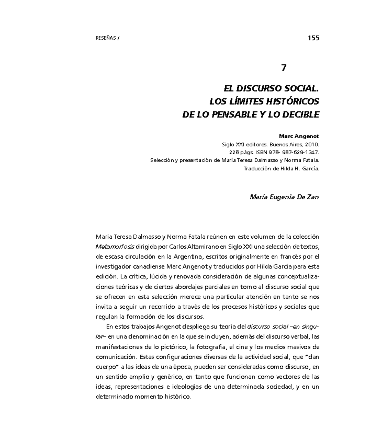 EL Discurso Social - para ampliar - RESEÑAS / 155 maria teresa dalmasso ...