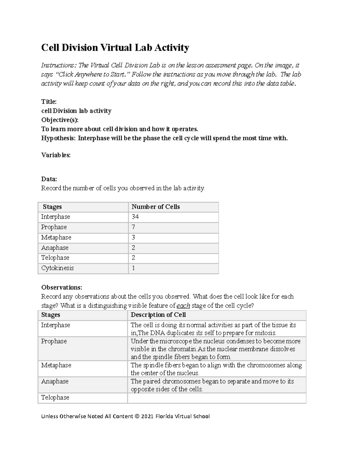 03 01 virtual cell division lab report - Cell Division Virtual Lab Activity Instructions: The ...