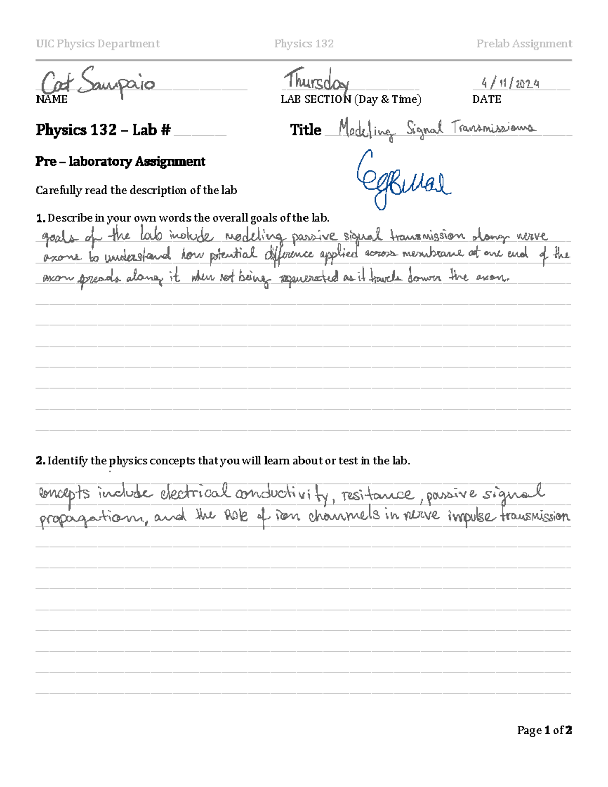 P132L07 Lab Manual v20221113 - UIC Physics Department Physics 132 Prelab Assignment Page 1 of 2 ...