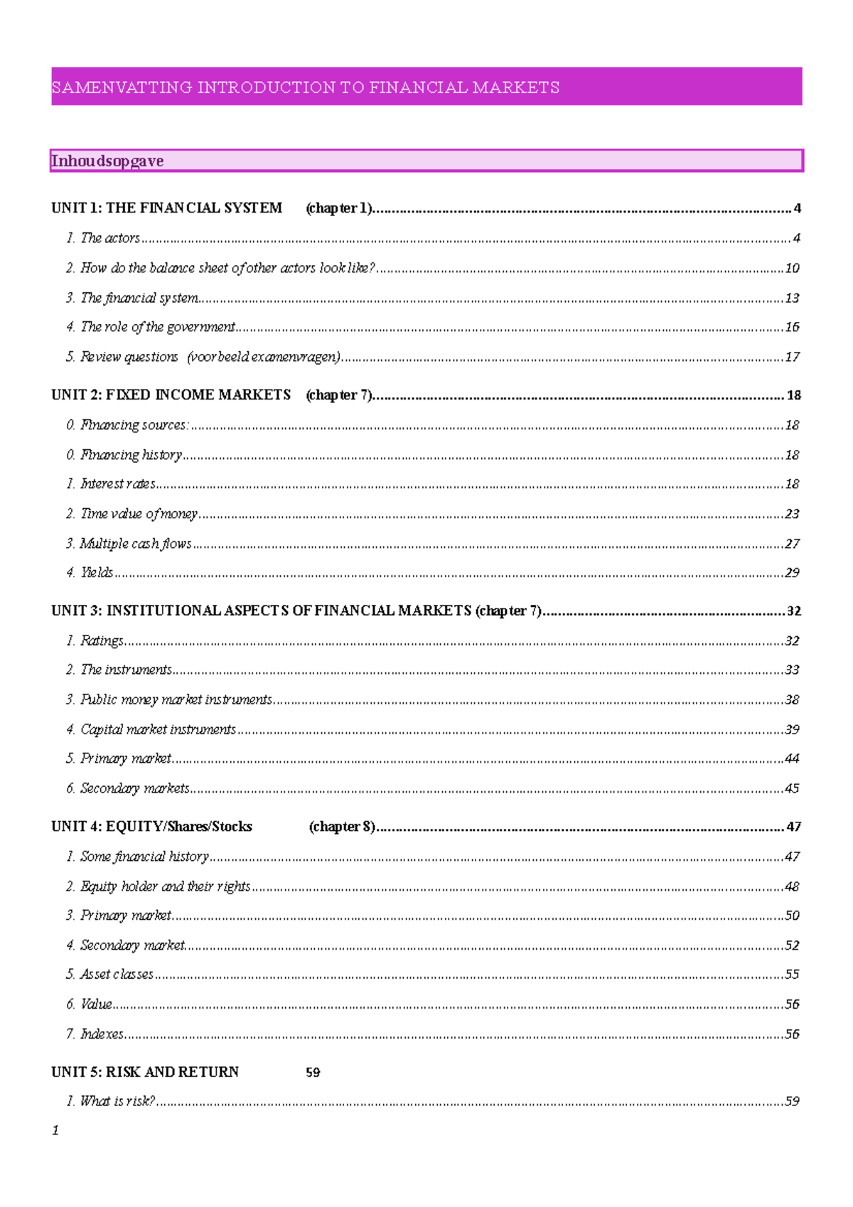 Eigen samenvatting financial markets - SAMENVATTING INTRODUCTION TO FINANCIAL MARKETS UNIT 1 ...
