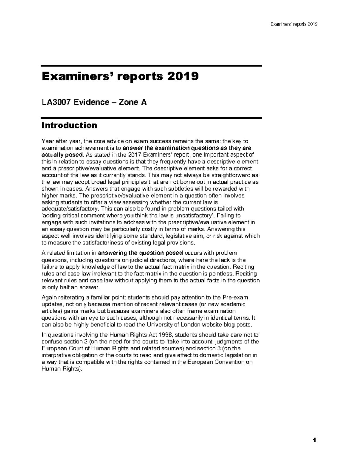 Evidence LA3007 Exam Paper Report 2019 ZA - Examiners’ reports 2019 Examiners’ reports 2019 LA ...