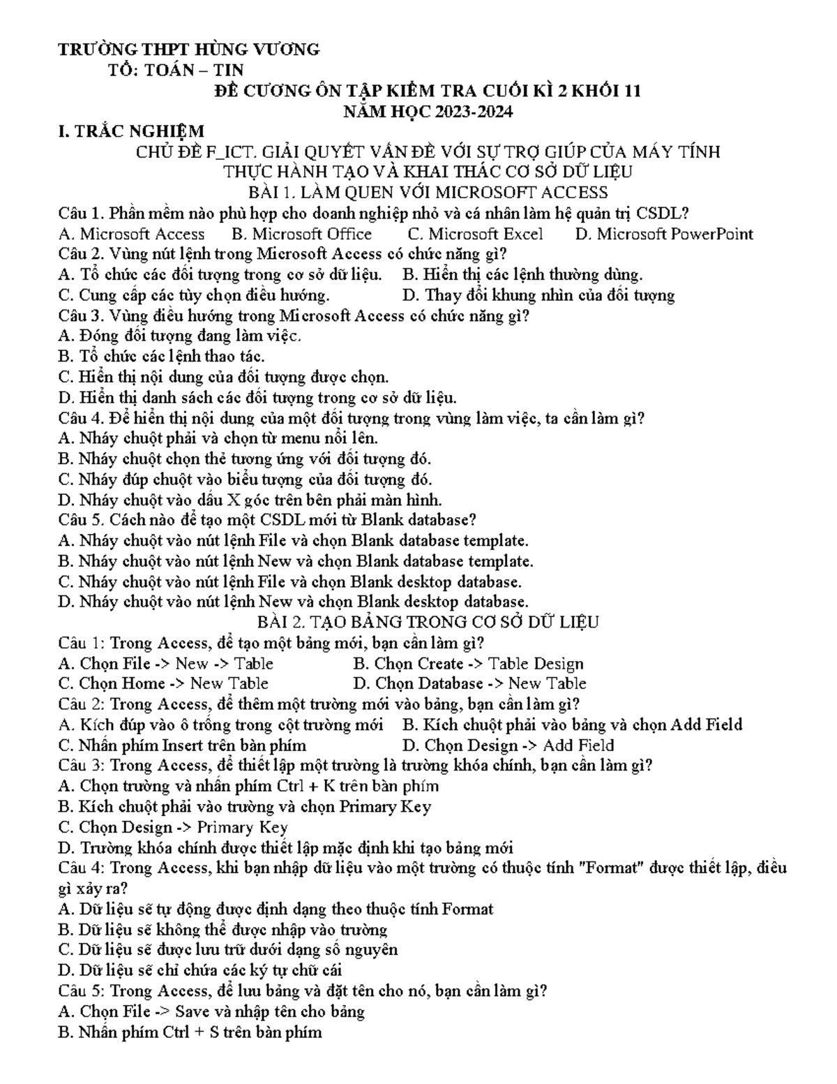 Đề cương tin 11 CK2 (23-24) - TRƯỜNG THPT HÙNG VƯƠNG TỔ: TOÁN – TIN ĐỀ CƯƠNG ÔN TẬP KIỂM TRA ...