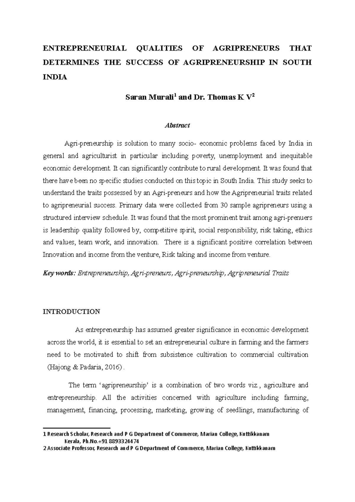 Final AGRI Traits paper Uniglobe edited - ENTREPRENEURIAL QUALITIES OF ...