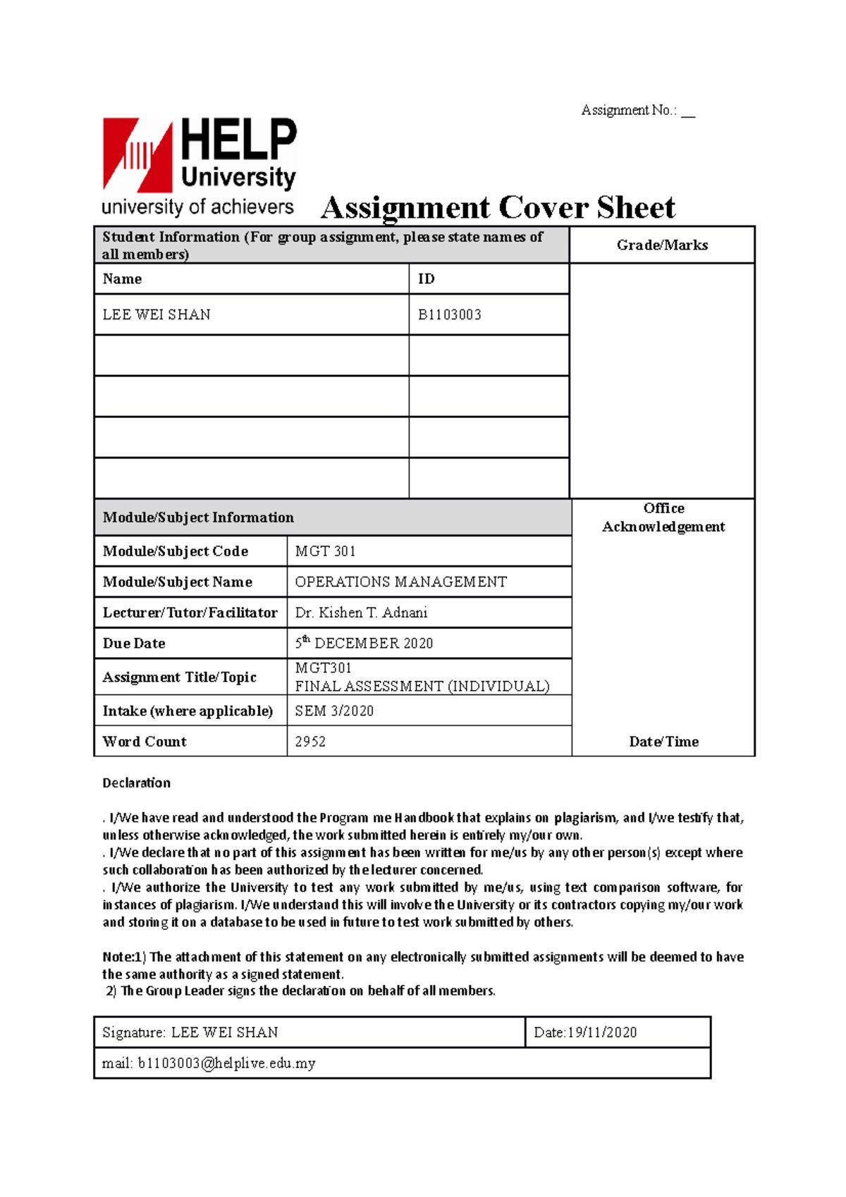 B1103003 mgt301 finals - Assignment No.: __ Assignment Cover Sheet Student Information (For ...