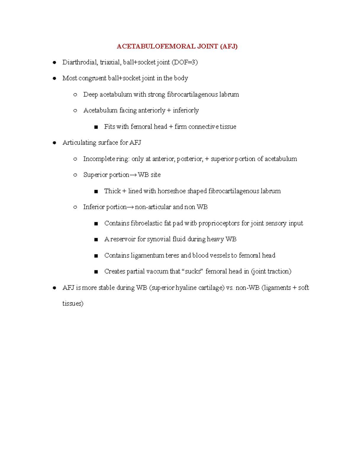 AFJ - AFJ notes - ACETABULOFEMORAL JOINT (AFJ) Diarthrodial, triaxial ...