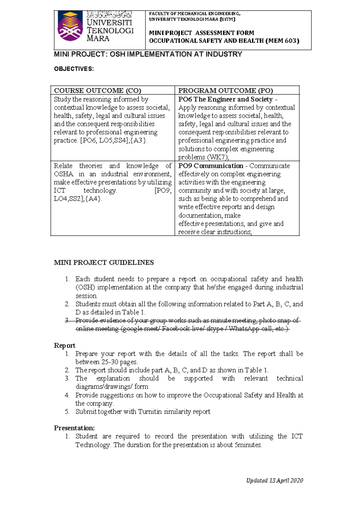 Mini project assesement form - UNIVERSITY TEKNOLOGI MARA (UiTM) MINI ...