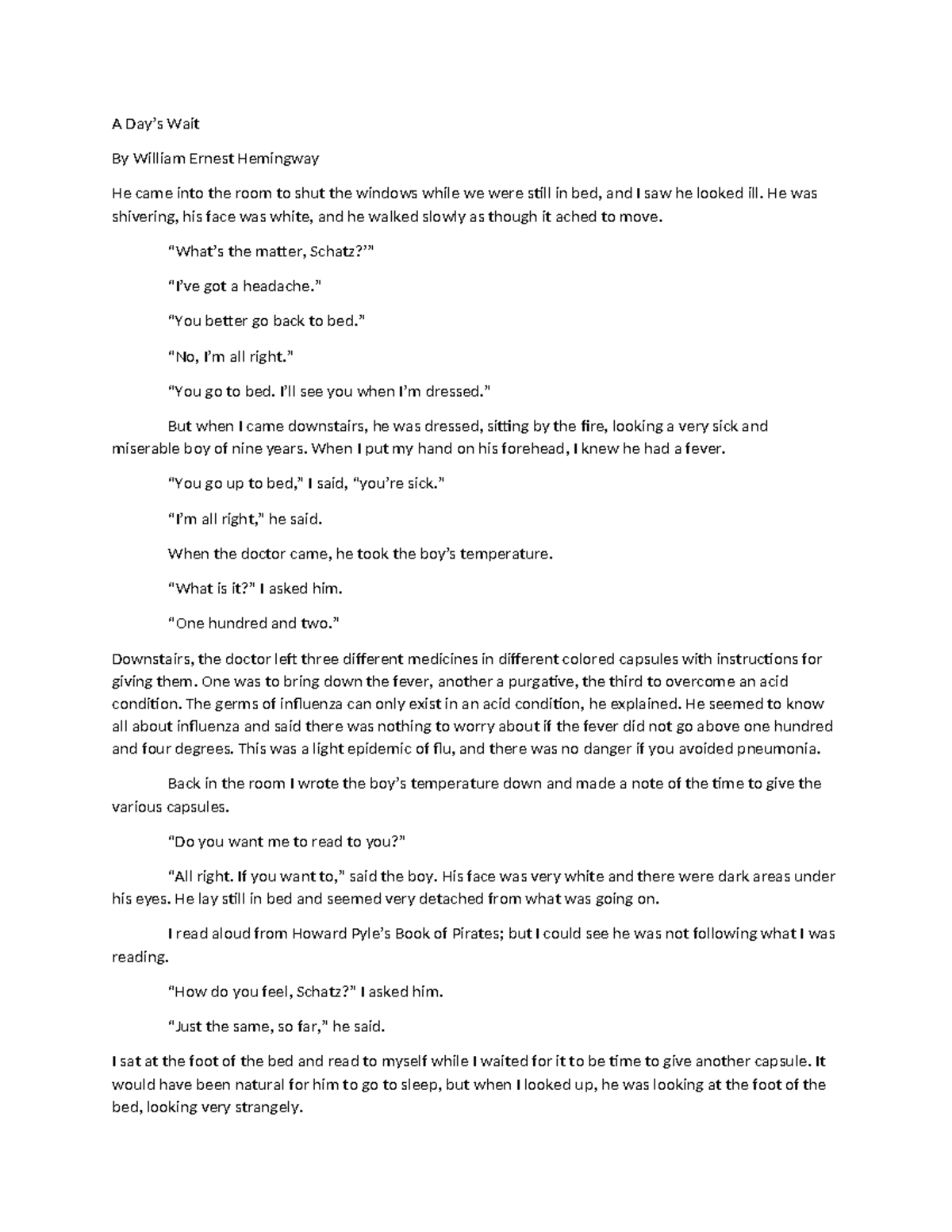 A Days Wait Notes - A day's wait essay written by ernest Hemingway - A ...