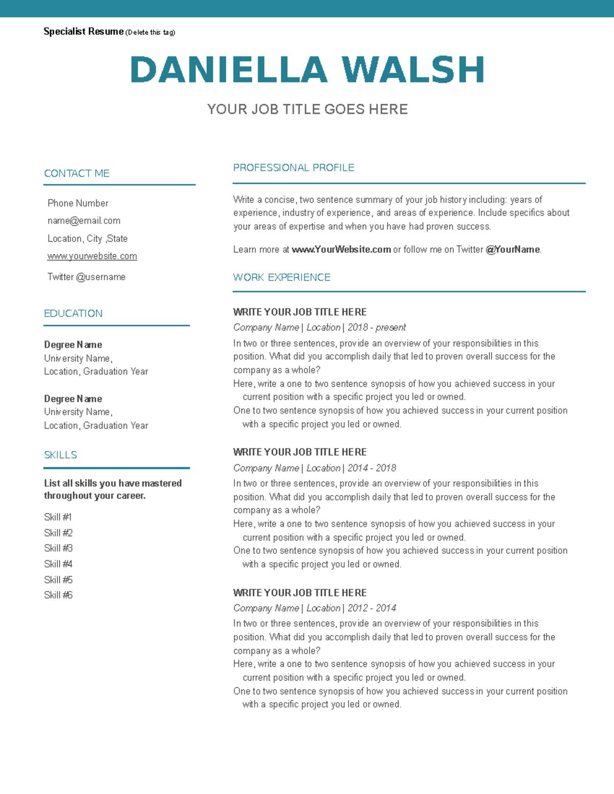 Word Doc Resume #1 - xyz - Specialist Resume (Delete this tag) DANIELLA ...