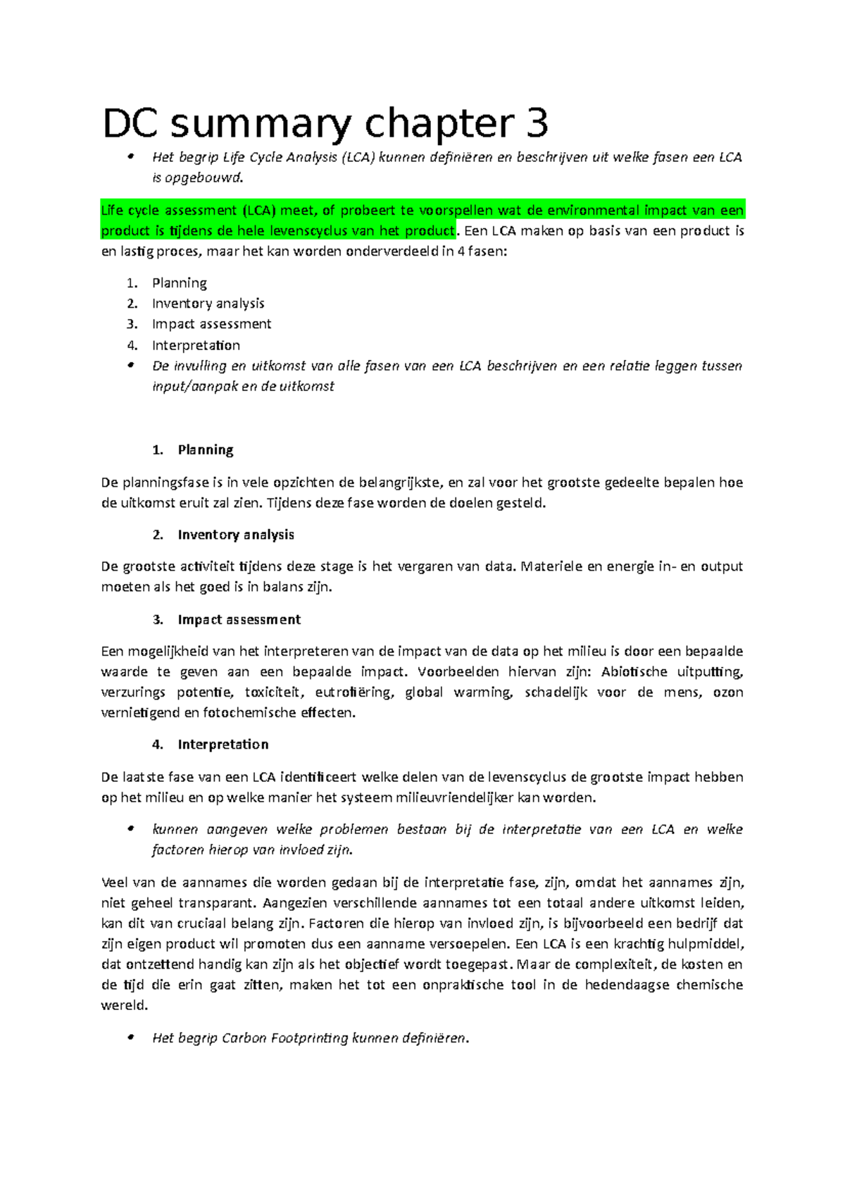 DC summary chapter 3 - duurzame chemie h3 - DC summary chapter 3 Het begrip Life Cycle Analysis ...