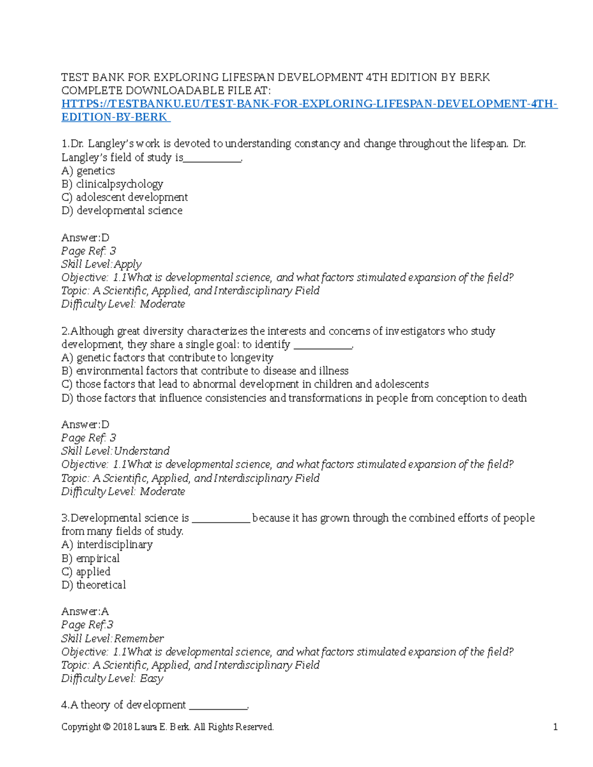 Test Bank lifespan development - TEST BANK FOR EXPLORING LIFESPAN ...