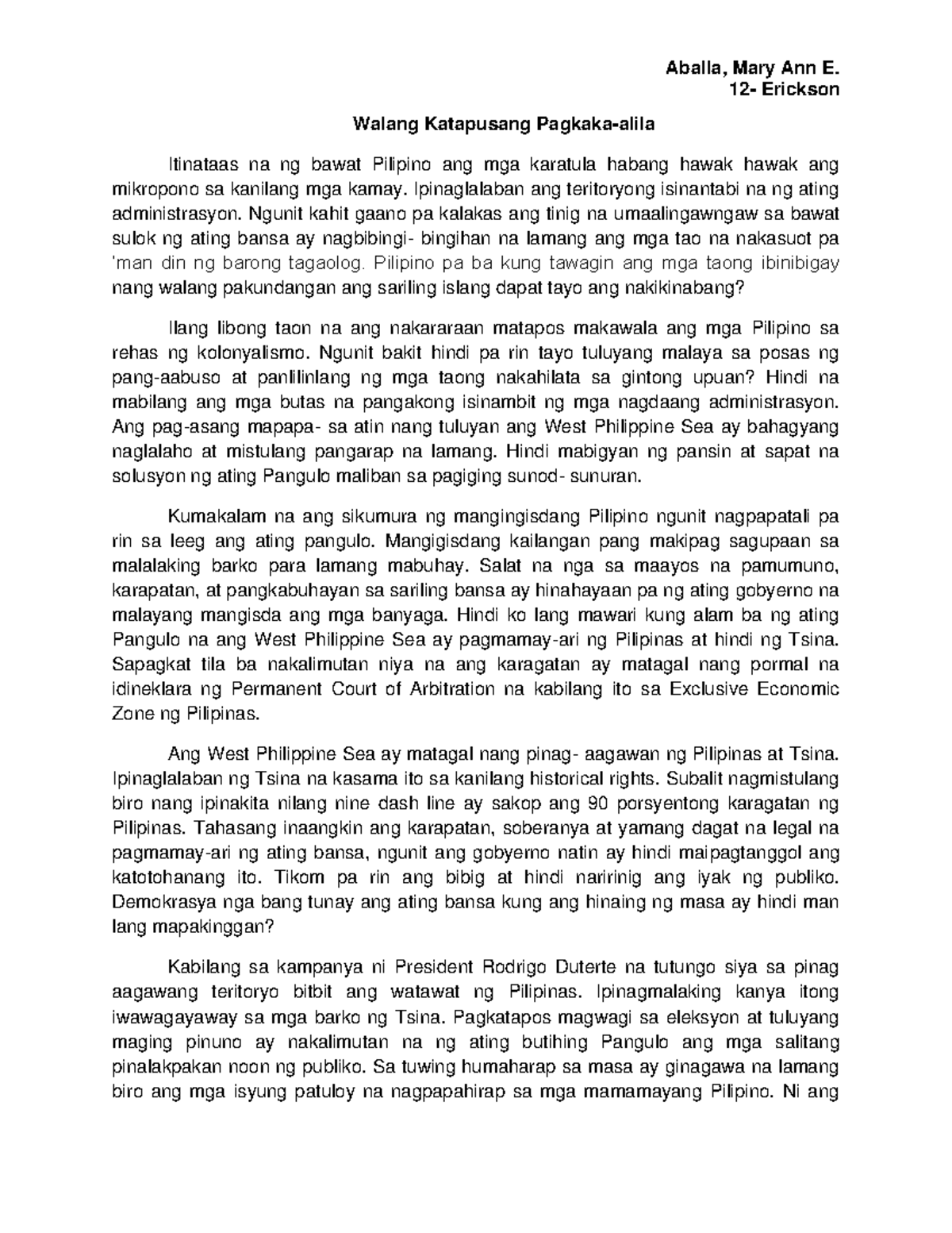 Pagsulat ng Editoryal (West Philippine Sea) - Aballa, Mary Ann E. 12 ...