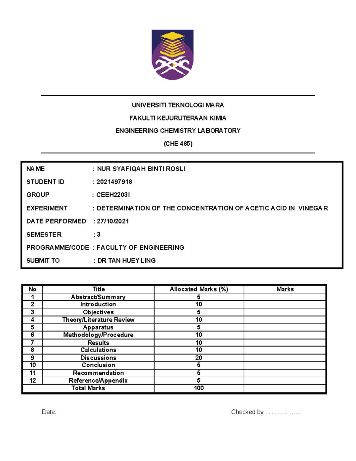 LAB Report Determination OF Concentration OF Acetic ACID IN Vinegar ...