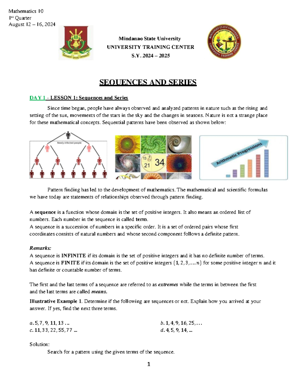 Math module 1 - Math lesson for G-10 - 1 st Quarter August 12 – 16 ...
