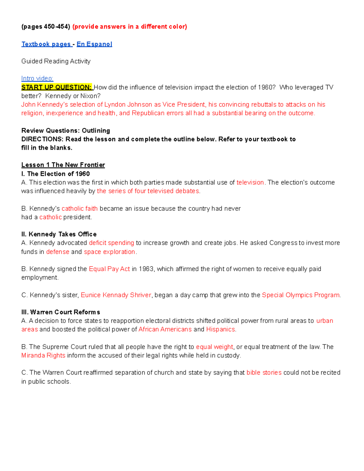 "The New Frontier" Guided Reading-2 - (pages 450-454) (provide answers ...