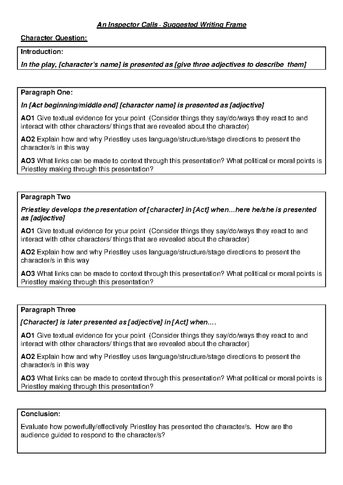 An Inspector Calls writing frame - An Inspector Calls - Suggested ...