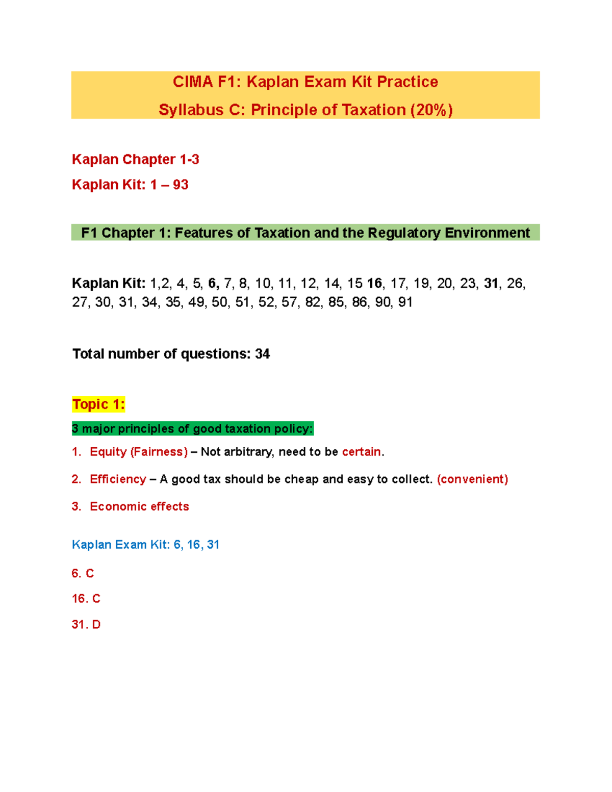 Part C Priciple of Taxation Kit practice - CIMA F1: Kaplan Exam Kit ...