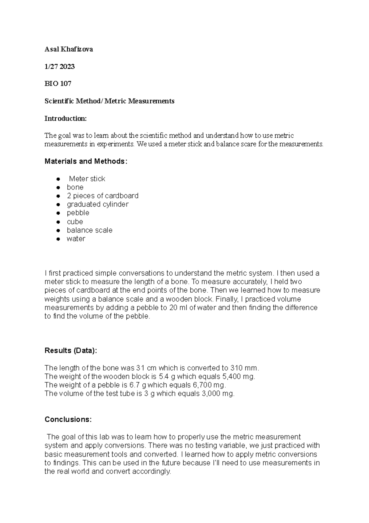 Lab 1 - Scientific Method/ Metric Measurements - Asal Khafizova 1/27 ...