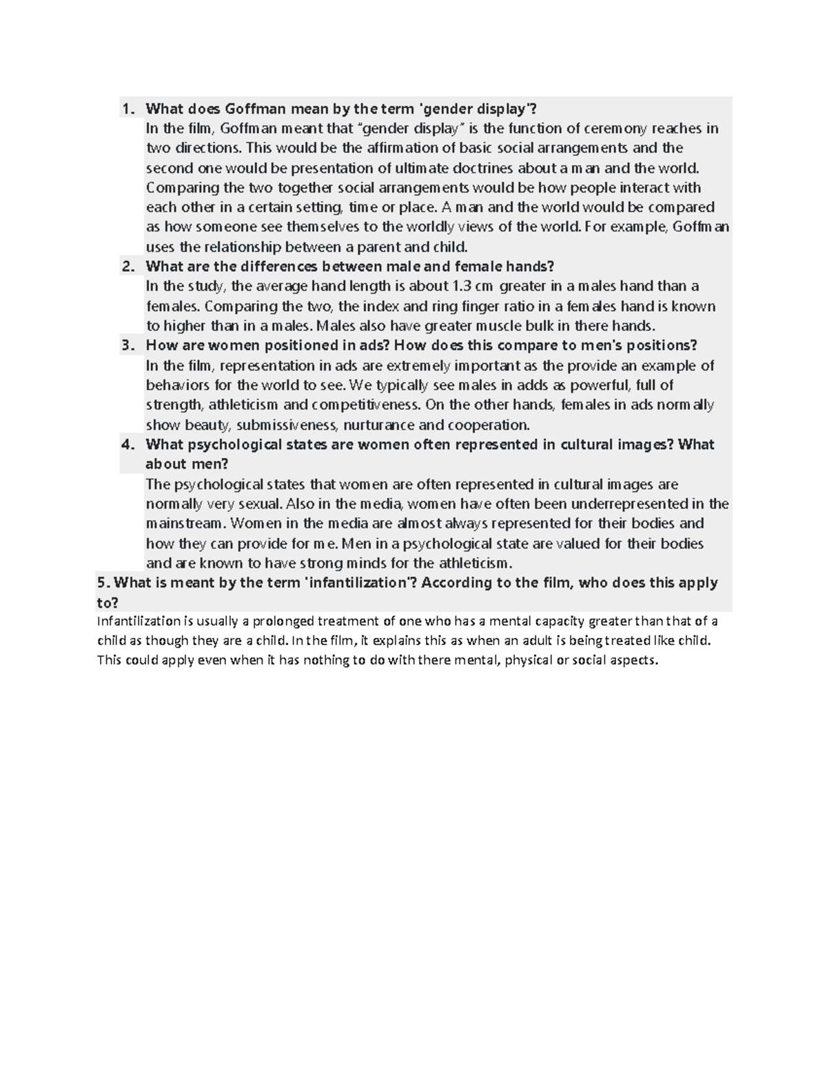 Class activity COMM304 week 4 - What does Goffman mean by the term 'gender display'? In the film ...