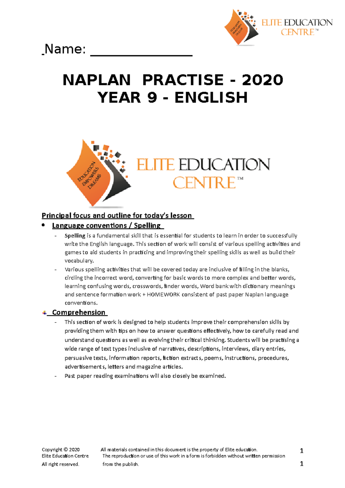 Naplan Year 7 English Booklet 2020 summer - Name ...