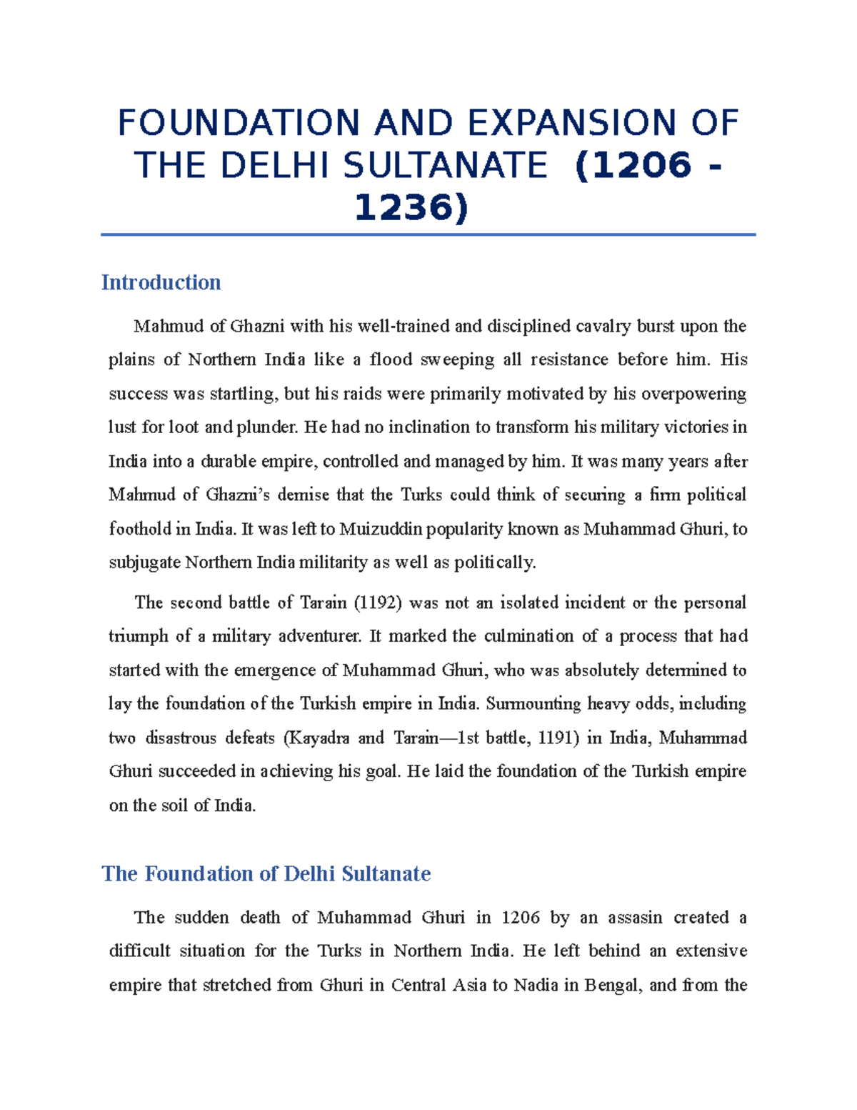 Foundation AND Expansion OF THE Delhi Sultanate (1206 - 1236 ...