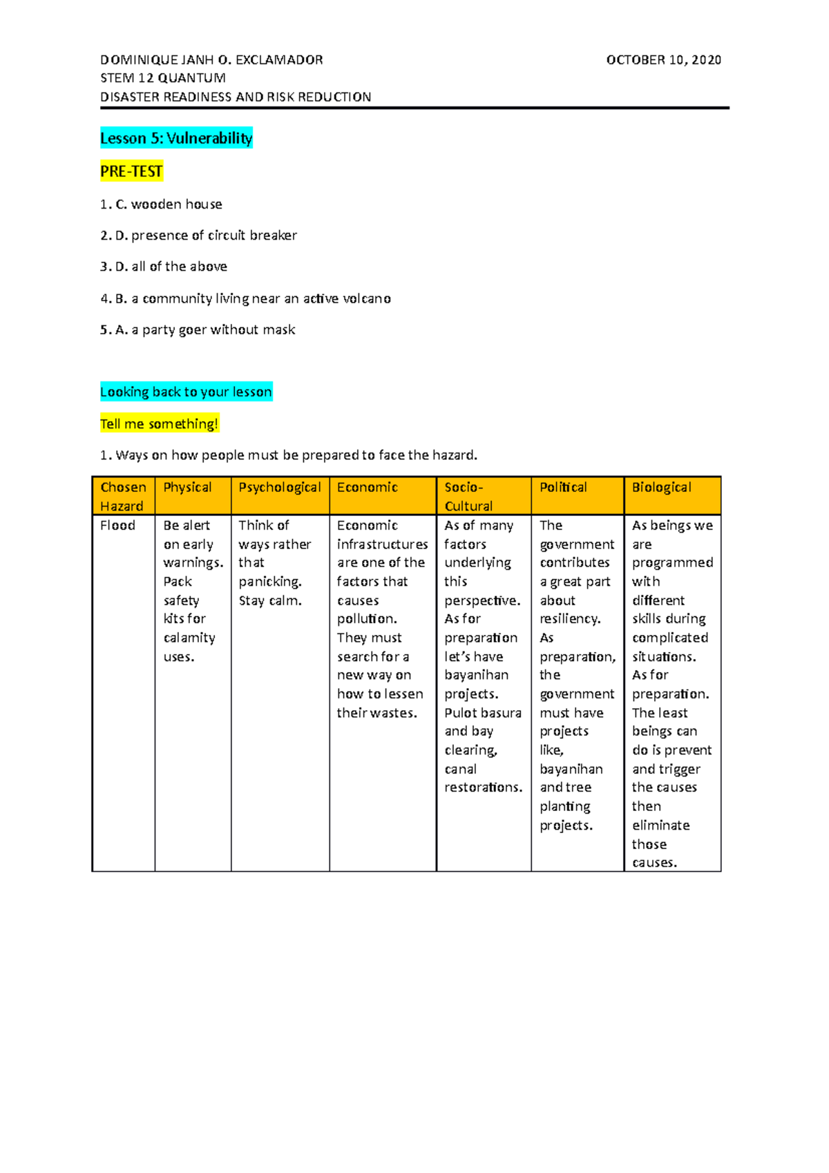 DRRR lesson 5,6,7,8,9 answers - STEM 12 QUANTUM DISASTER READINESS AND ...