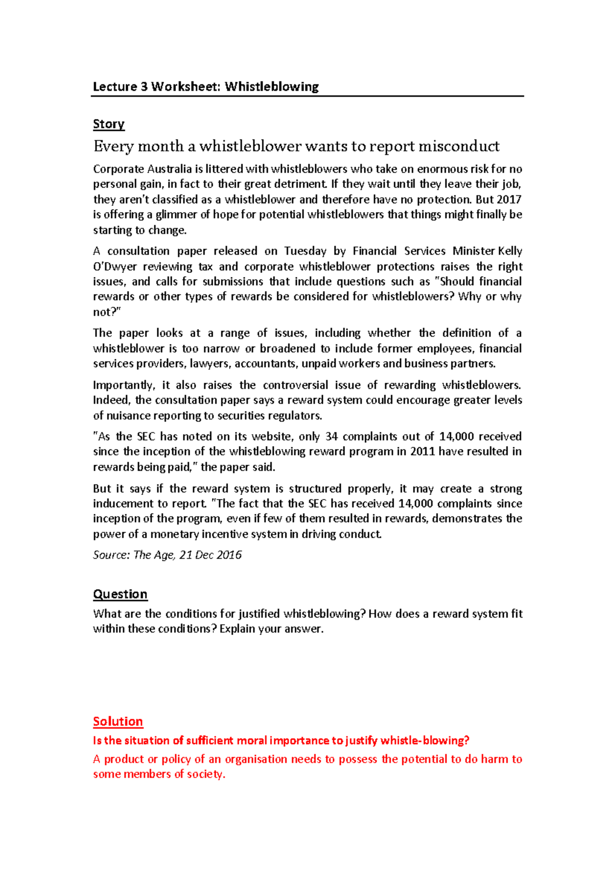 2021 Lecture 3 Whistleblowing Worksheet Answers - Lecture 3 Worksheet ...