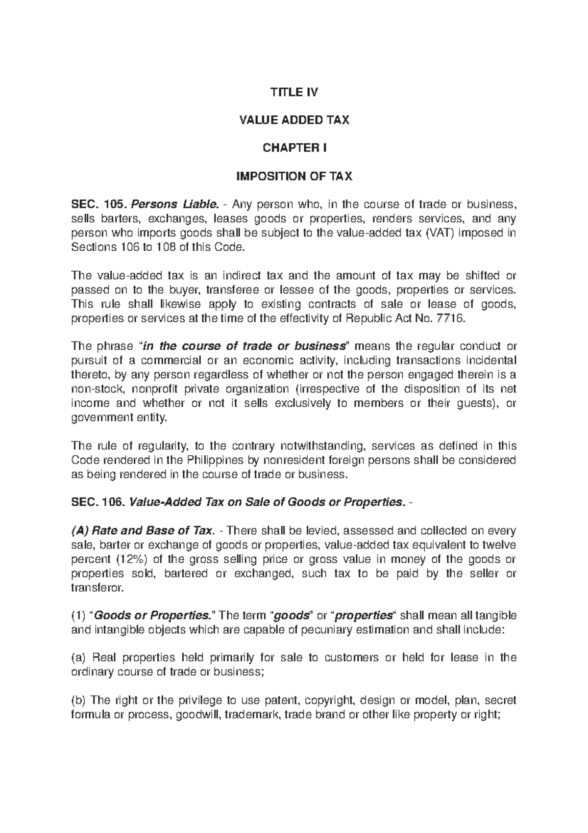 Tax code - Sec. 105-Sec.115 - TITLE IV VALUE ADDED TAX CHAPTER I ...
