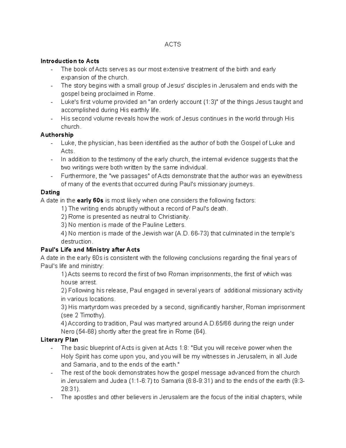 ACTS - typed class notes - ACTS Introduction to Acts - The book of Acts ...