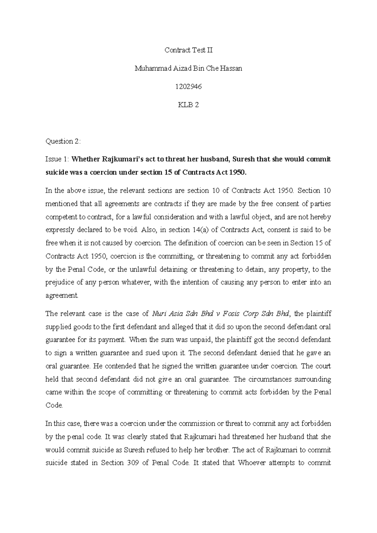 Law of Contract II - Contract Test II Muhammad Aizad Bin Che Hassan ...