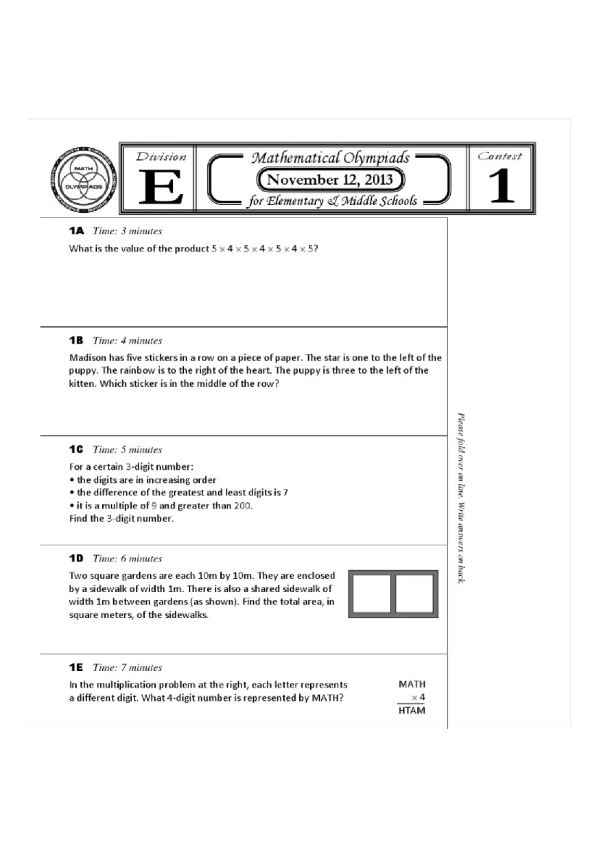 Moems - Division Mathematical Olympiads Contest MATH OLYMPIADS E ...