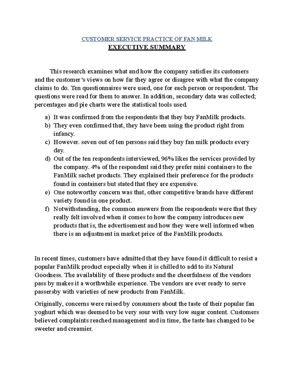 Group 1 Presentation ON FAN MILK Ghana - CUSTOMER SERVICE PRACTICE OF ...