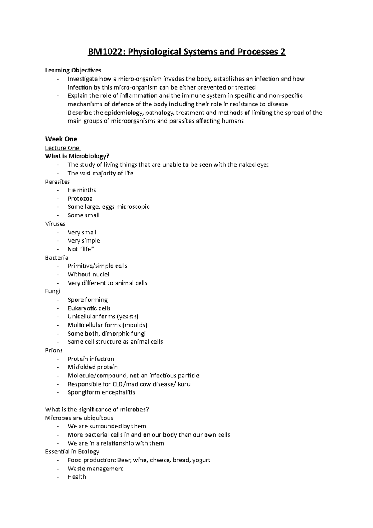 BM1022 - Lecture notes 1-8 - BM1022: Physiological Systems and ...