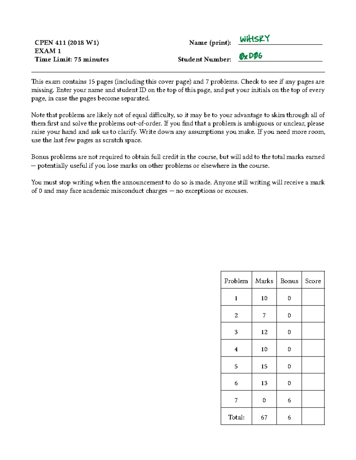 Sample/practice exam 2018, answers - CPEN 411 (2018 W1) Name (print): EXAM 1 Time Limit: 75 ...