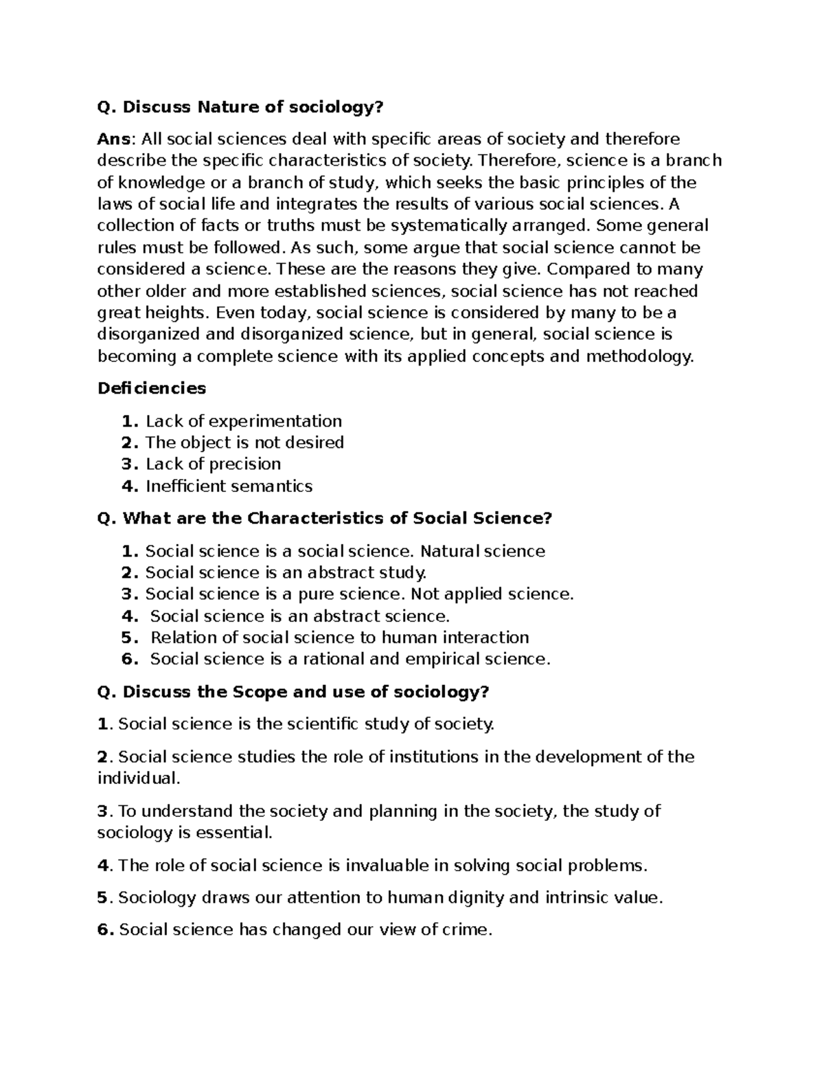 Sociology Exam Short Guide Document - Q. Discuss Nature of sociology ...