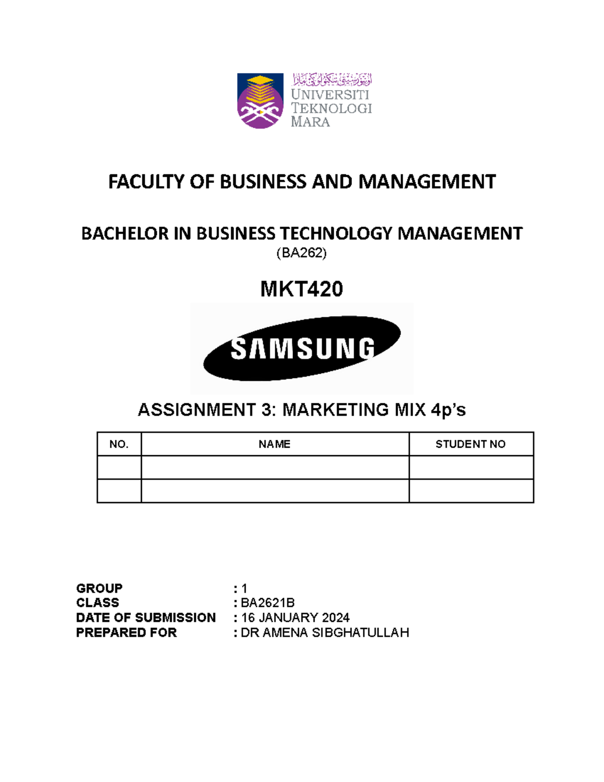 Assignment 4p's samsung - FACULTY OF BUSINESS AND MANAGEMENT BACHELOR ...