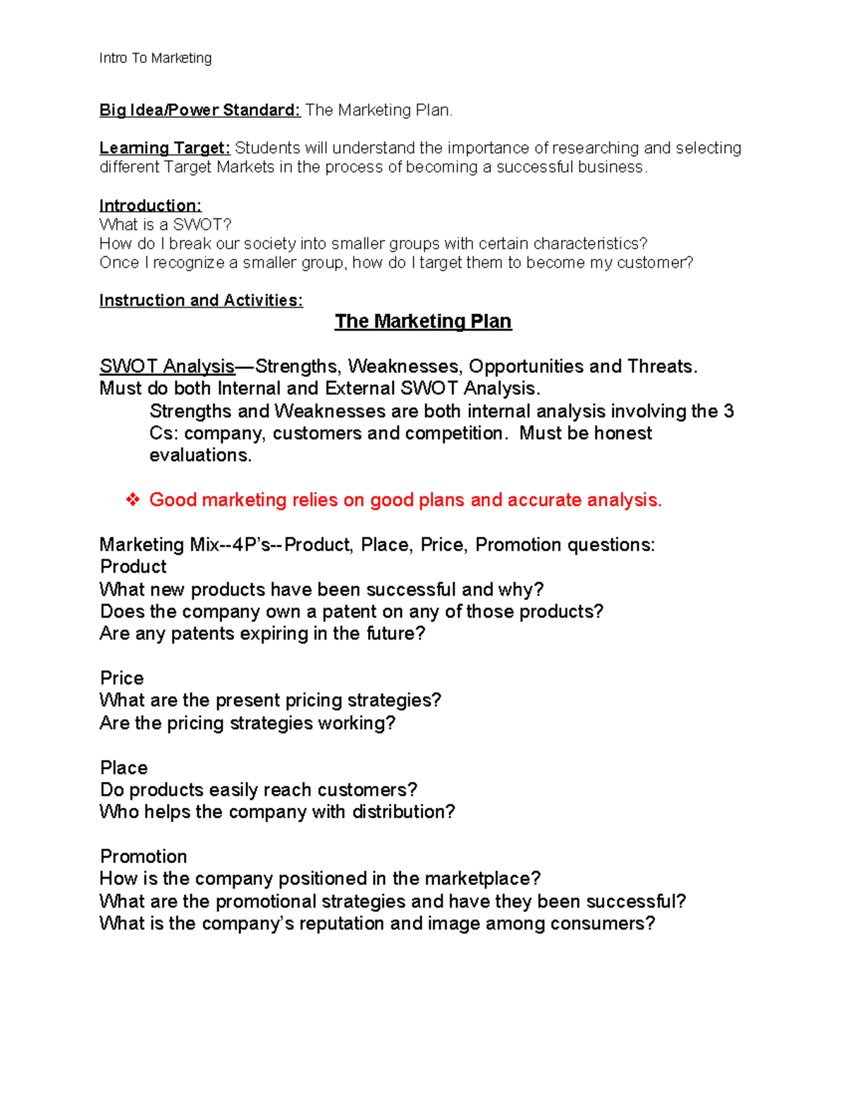 Lesson 5 The Marketing Plan - Big Idea/Power Standard: The Marketing ...