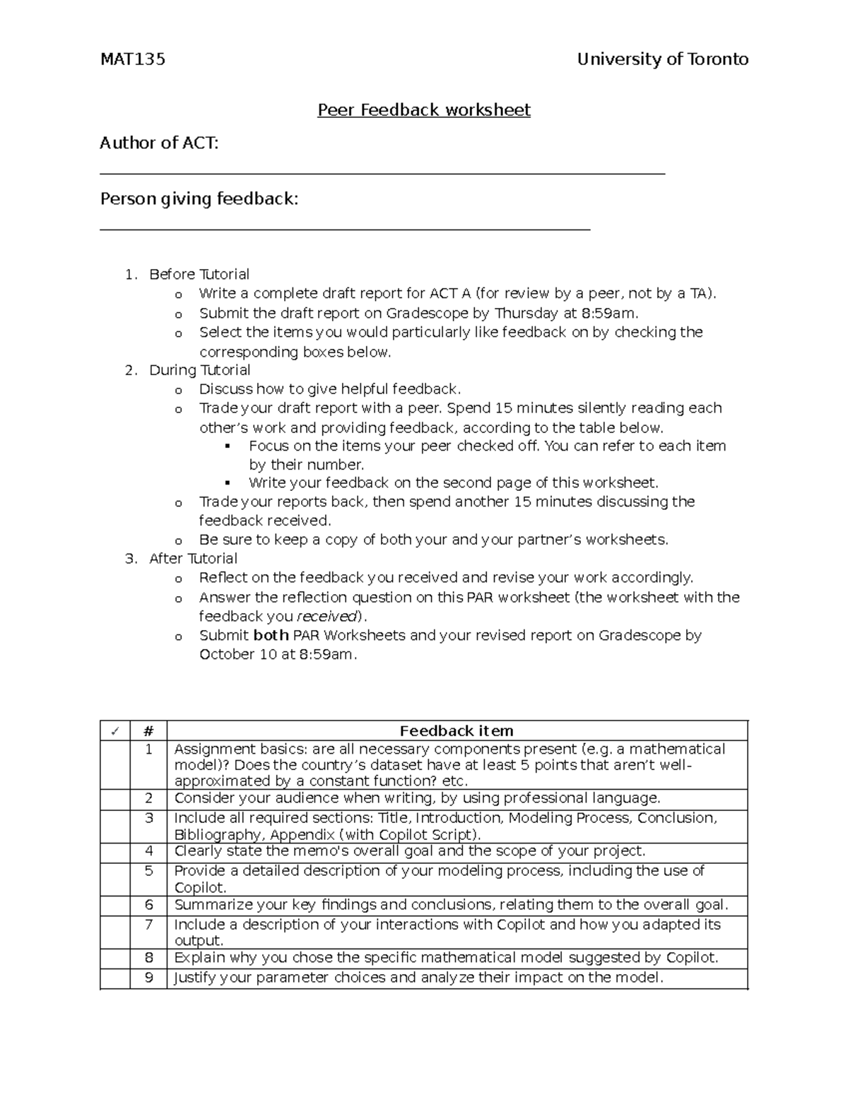 PAR worksheet - MAT135 University of Toronto Peer Feedback worksheet ...