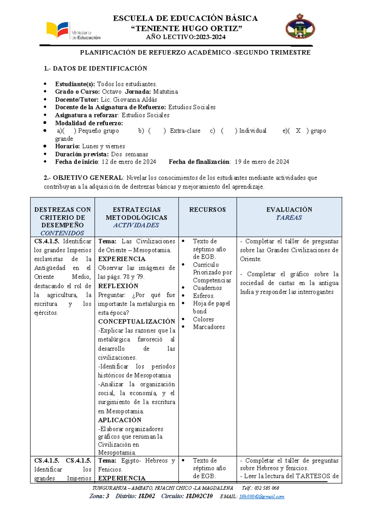 Planificación- Refuerzo Académico-EESS-2T-8M - ESCUELA DE EDUCACIÓN BÁSICA “TENIENTE HUGO ORTIZ ...