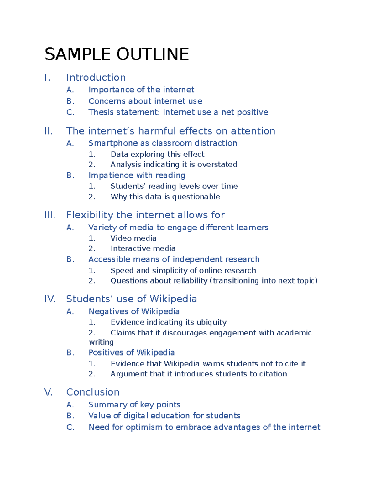 4 Sample Outline - Iwuwbwhqhqh - SAMPLE OUTLINE I. Introduction A ...