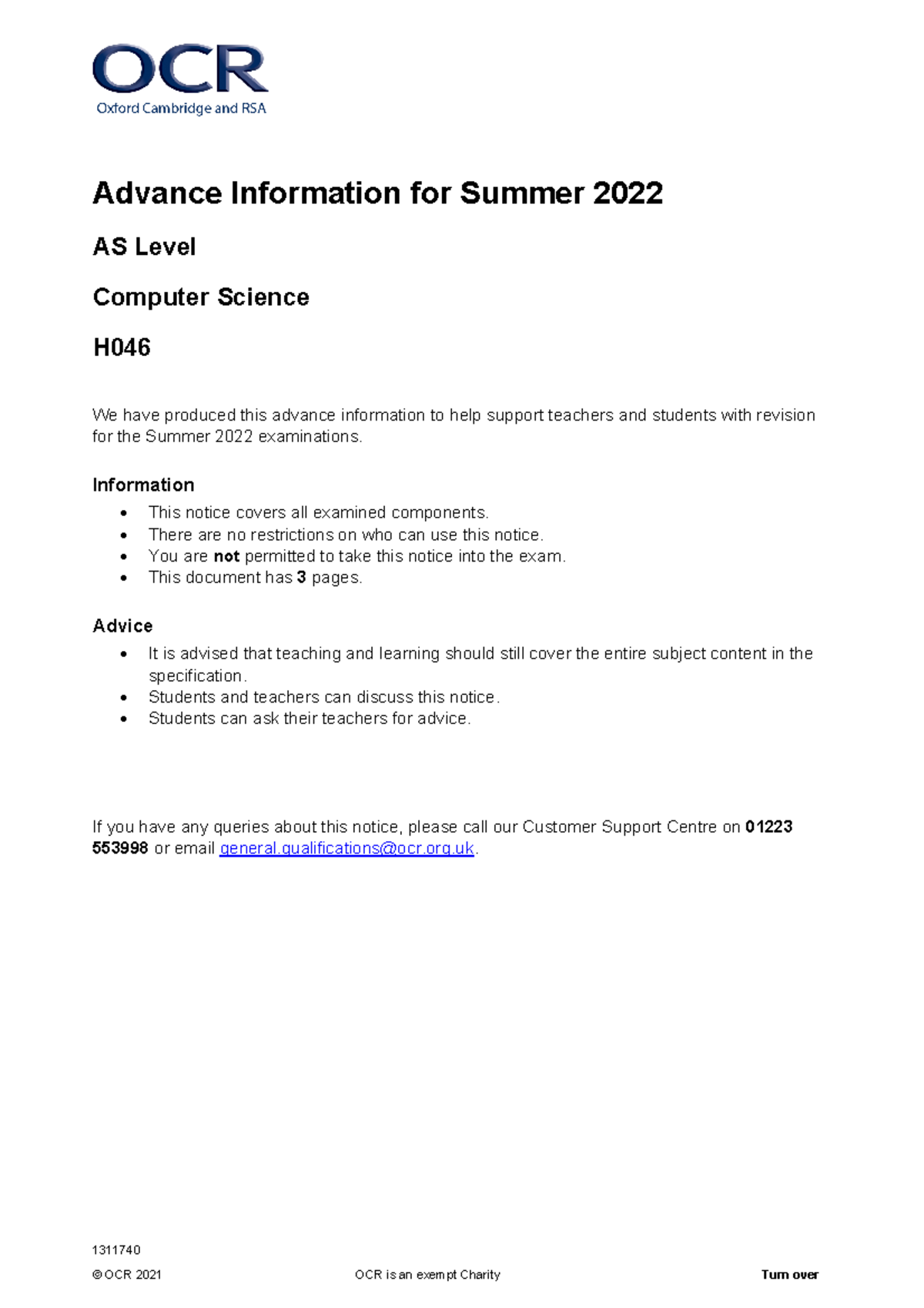 H046 AS Level Computer Science Advance Information Jun2022 - 1311740 ...