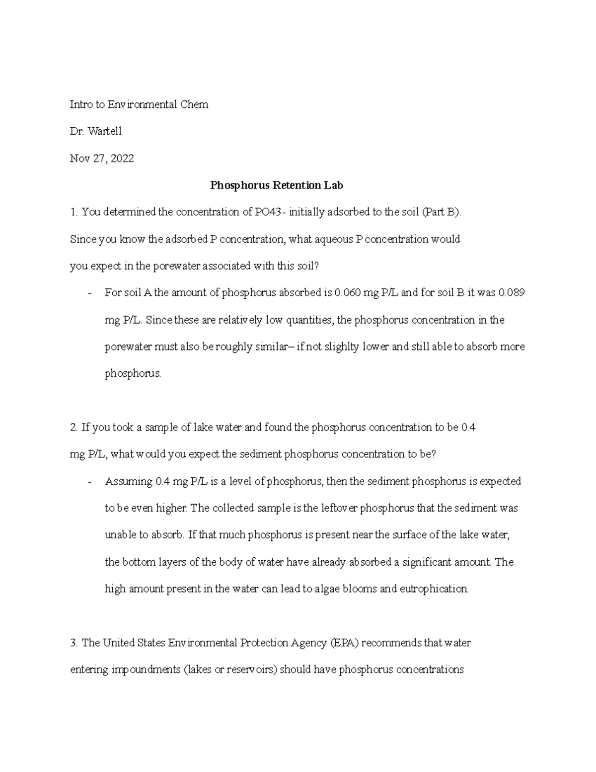 Phosphorus Retention Lab - Intro to Environmental Chem Dr. Wartell Nov ...