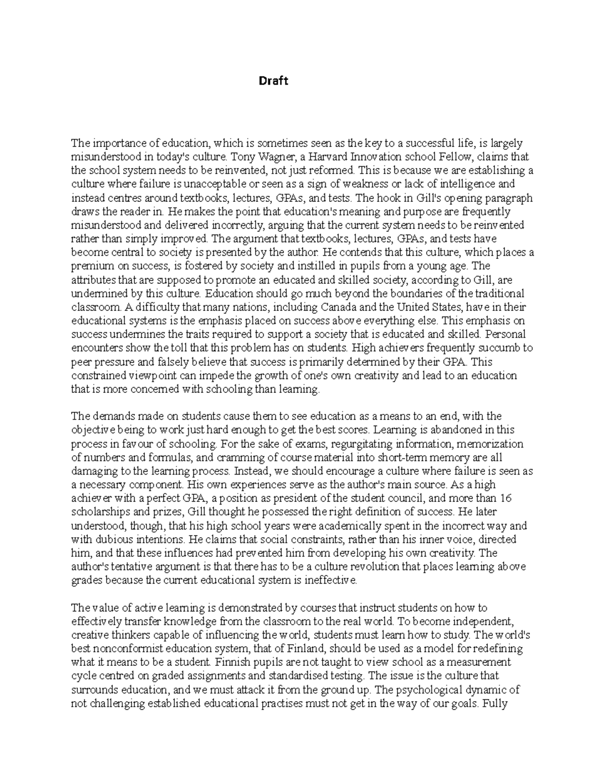 final essay Draft - Draft The importance of education, which is ...