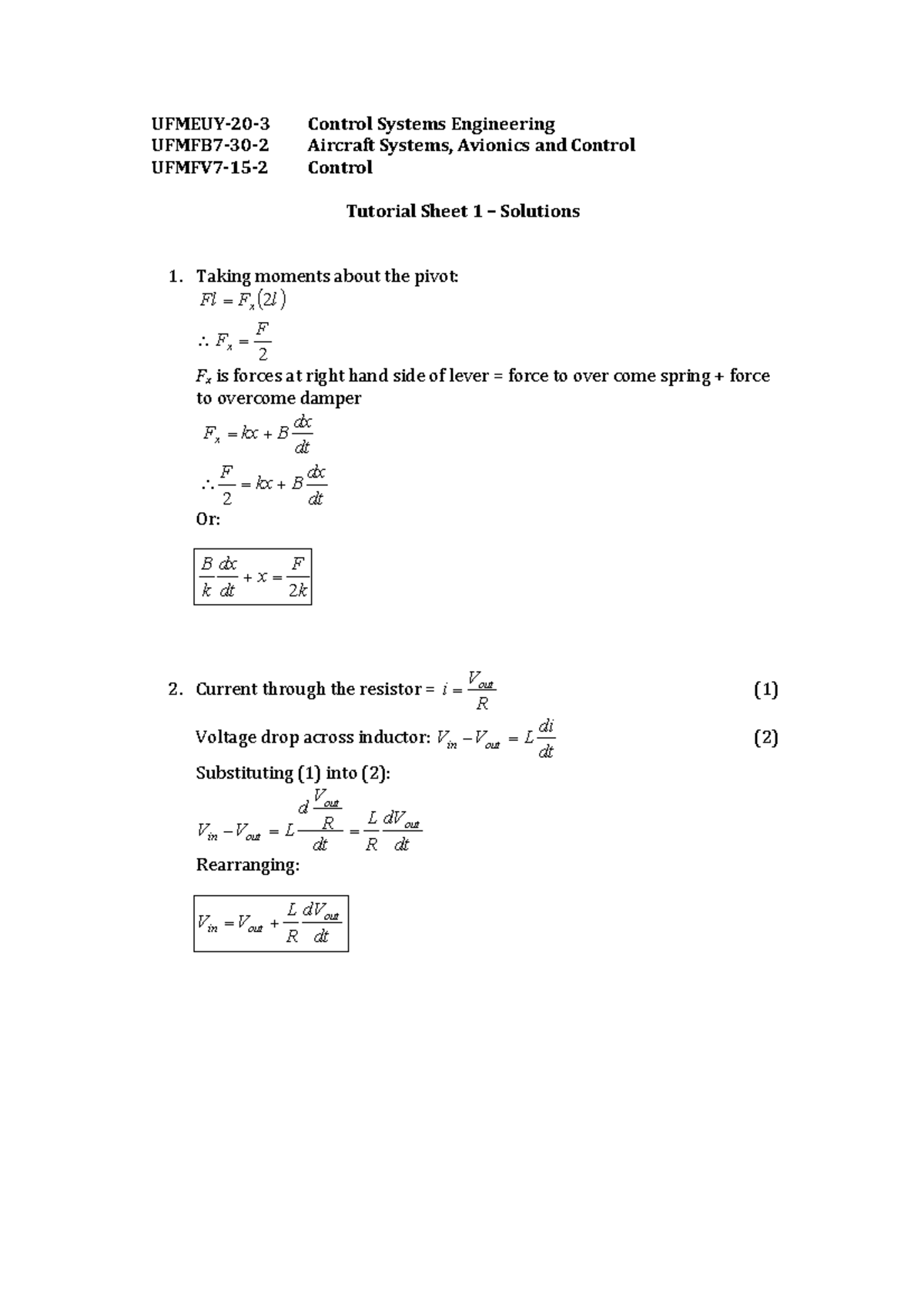 Tutorial Sheet 1 - Solutions - UFMEUY-­‐20-­‐3 Control Systems Engineering UFMFB7-­‐30-­‐2 - Studocu