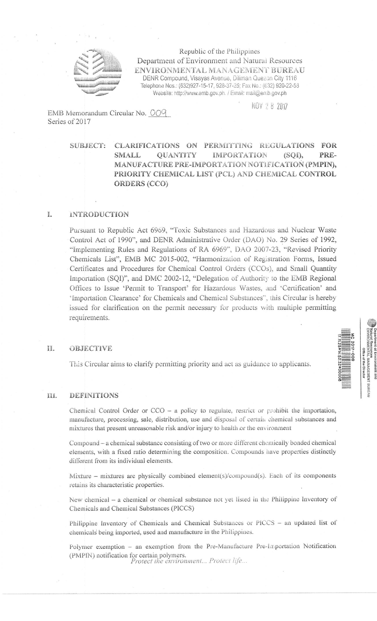 MC-2017-009 Clarification-ON- Permitting- Regulations-FOR-SQI- Pmpin-PCL-AND-CCO - Studocu